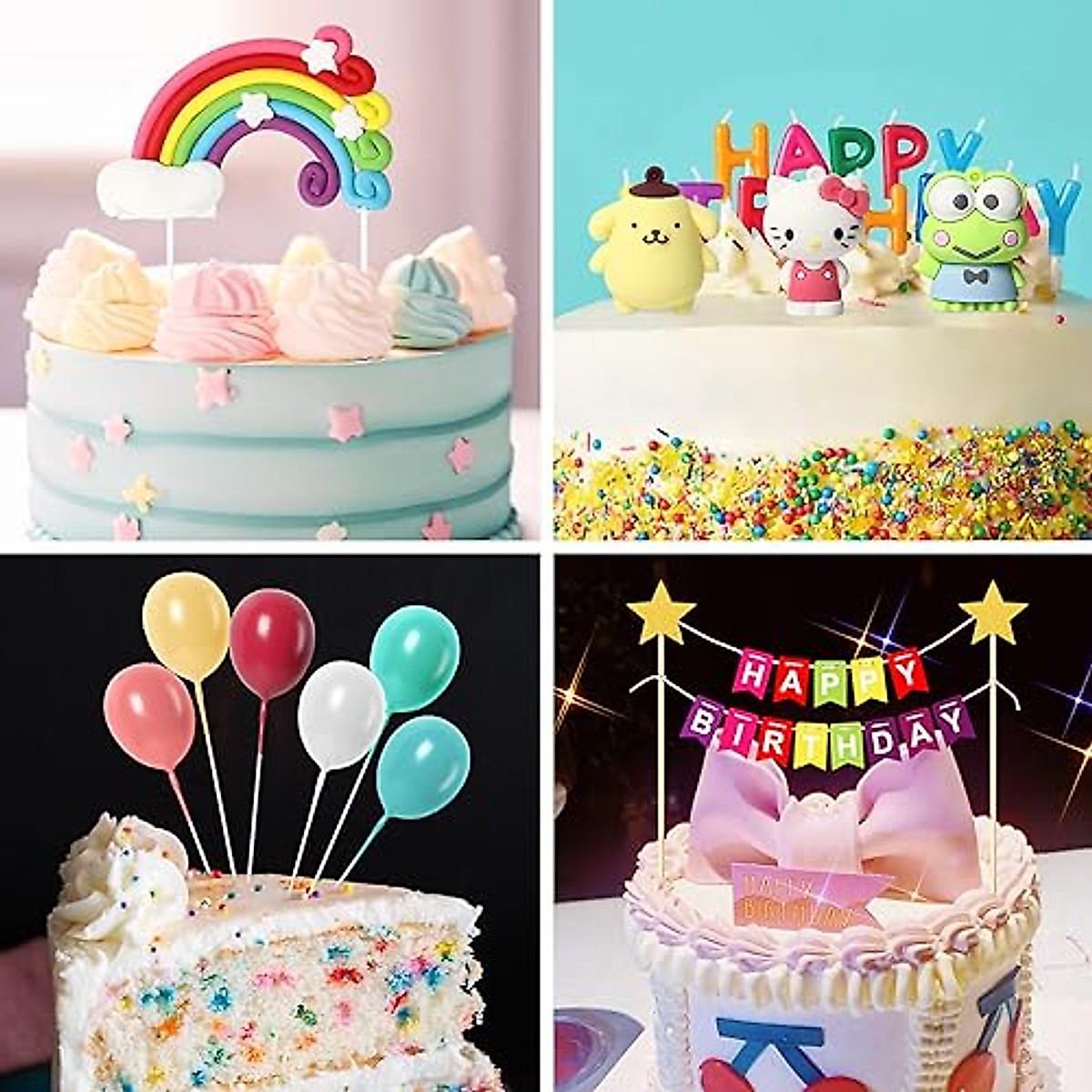 Lidmada 20Pcs Rainbow Kitty Cake Topper Banner Hello Birthday Party Cake Decorations Supplies Set, Mini Colorful Clouds Stars Party Decors Favors for Kids Girls Boys Baby Shower Happy Birthday