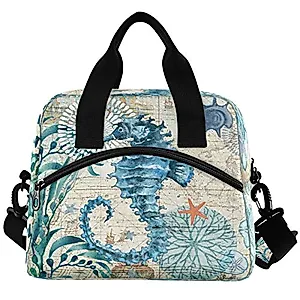 Vintage Nautical Sea Horse Lunch Box Ocean Starfish Seashell Lunch Bag Insulated Freezable Lunch Tote Kit Thermal Cooler for Office Picnic Travel Portable Reusable Handbag