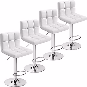 Furmax Bar Stools Modern Pu Leather Swivel Adjustable Hydraulic Bar Stool Square Counter Height Stool Set of 4 (4pcs White)