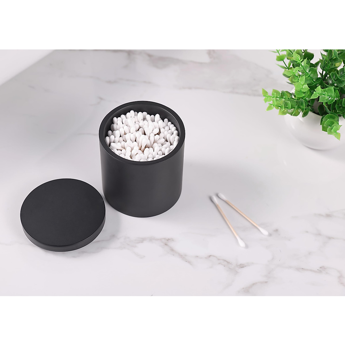 Joitsvia Cotton Swab Holder, Qtip Holder Dispenser with Lid, Resin Bathroom Containers,Vanity Storage Jars Organizer for Cotton Ball, Floss, Bath Salts, Bathroom Accessories, Matte Black