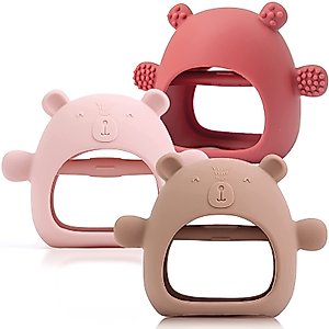3 Packs Baby Teething Toy Silicone Bear Teething Mitten for Babies Over 3 Months Anti Dropping Wrist Hand Teethers Baby Chew Toys for Sucking Needs, BPA Free (Pink, Brown & Red) (Pink, Coral, Caramel)