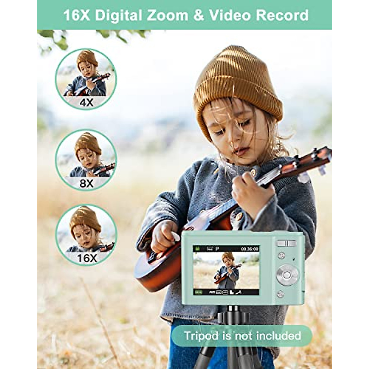 Digital Camera for Kids,1080P 48MP Autofocus Kids Camera with 32GB SD Card, Kids Digital Video Camera with 16X Zoom, Compact Portable Mini Cameras for Kids, Girls, Boys, Teens (Green)