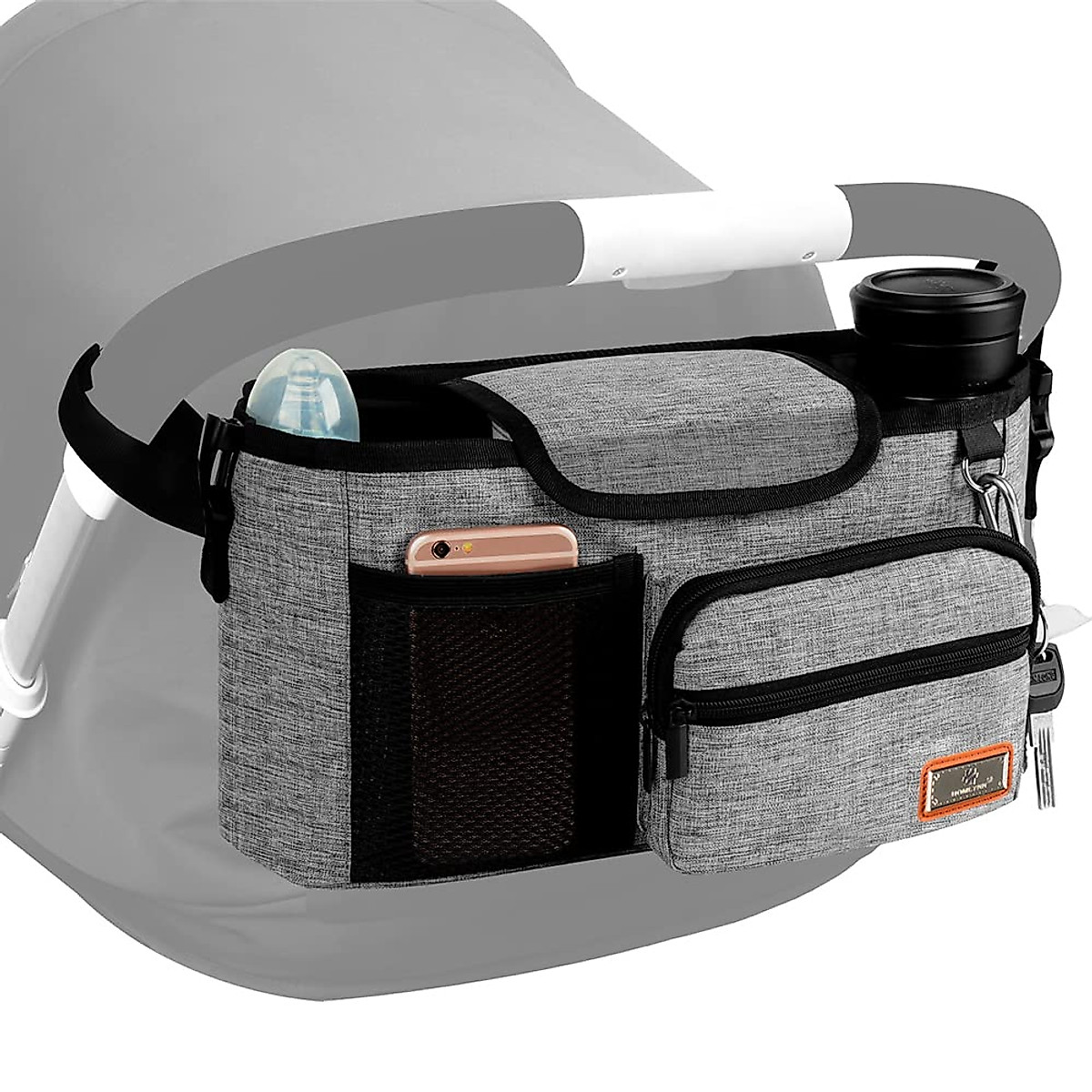 Homlynn Stroller Organizer, Parent Console Storage Bag-2 Deep Cup Holders Extra-Large Storage with Shoulder Strap, Adjustable Handlebar Strips-Fit All Stroller Models(Grey)