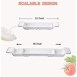 Expandable Bathtub Tray Drain Bath Caddy Tray Retractable Bath Caddy Tray Bathtub Storage Rack with Wine Glass Shelf Book Holder Candlestick Handle Dish Drain Rack
