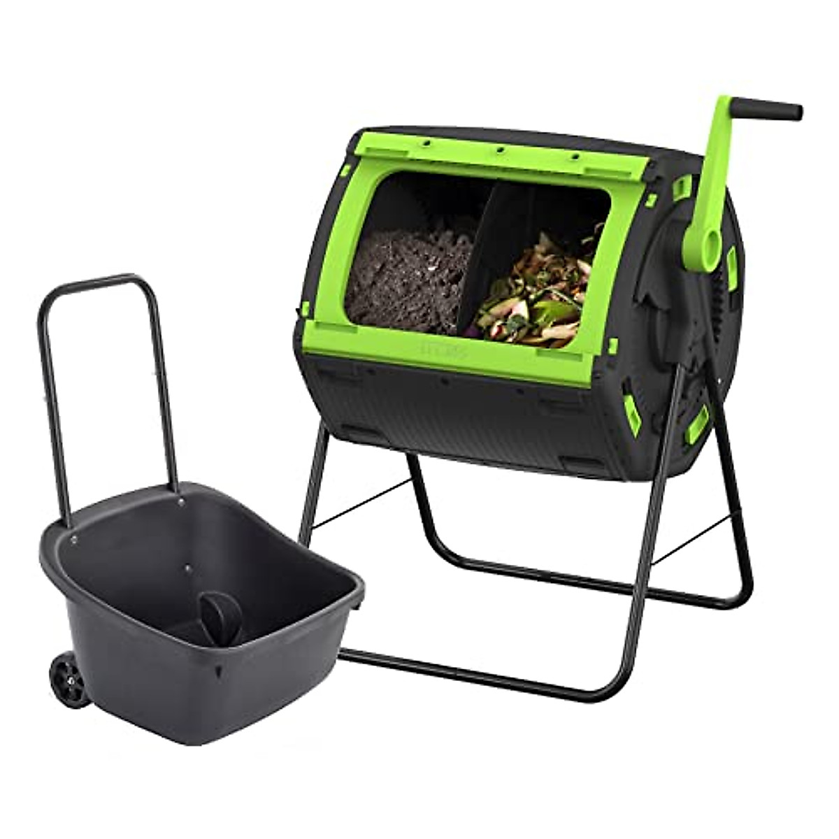 MAZE 48 Gallon Geared Two Compartment Compost Tumbler and MAZE Compost Cart