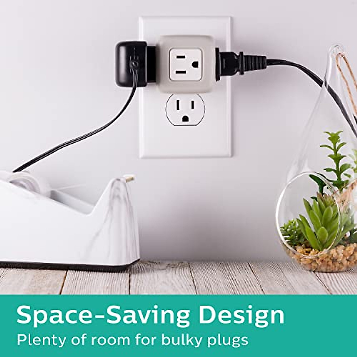 Philips 3-Outlet Extender, Surge Protector, Charging Station, Grounded Wall Tap, 3-Prong, Space Saving Design, Gray, SPP3002GR/37