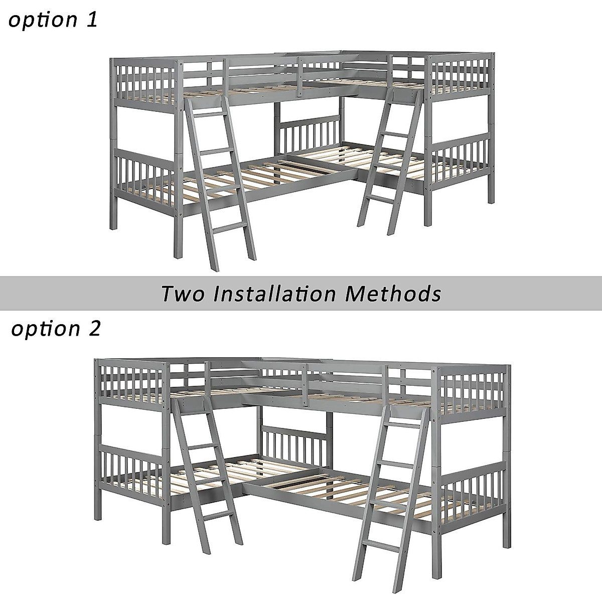 Harper & Bright Designs L-Shaped Twin Size Bunk Bed and Loft Bed, Solid Wood Twin Bunk Bed Loft Bed with Guardrail and Two Ladders for 4 Person (Grey)
