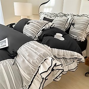 IHOUSTRIY Kid Duvet Cover Full Size, Ruffle Beddding Set with Bowtie, 3 Pieces Comforter Cover Set with Zipper Closure, Girl Bedding with Pillowcase - Black, Full, Comforter Not Included