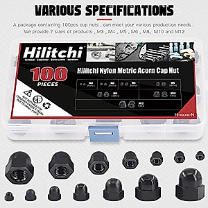 Hilitchi 7Sizes 100Pcs Black Nylon Acorn Nut Metric Inner Threaded Cap Nuts Assortment Kit M3 4 5 6 8 10 12 Dome Nuts