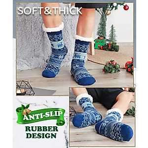 EBMORE Mens Slipper Fuzzy Socks Fluffy Winter Cabin Cozy Warm Soft Fleece Thick Comfy Christmas Gift Stocking Stuffers with Grips(Blue Deer)