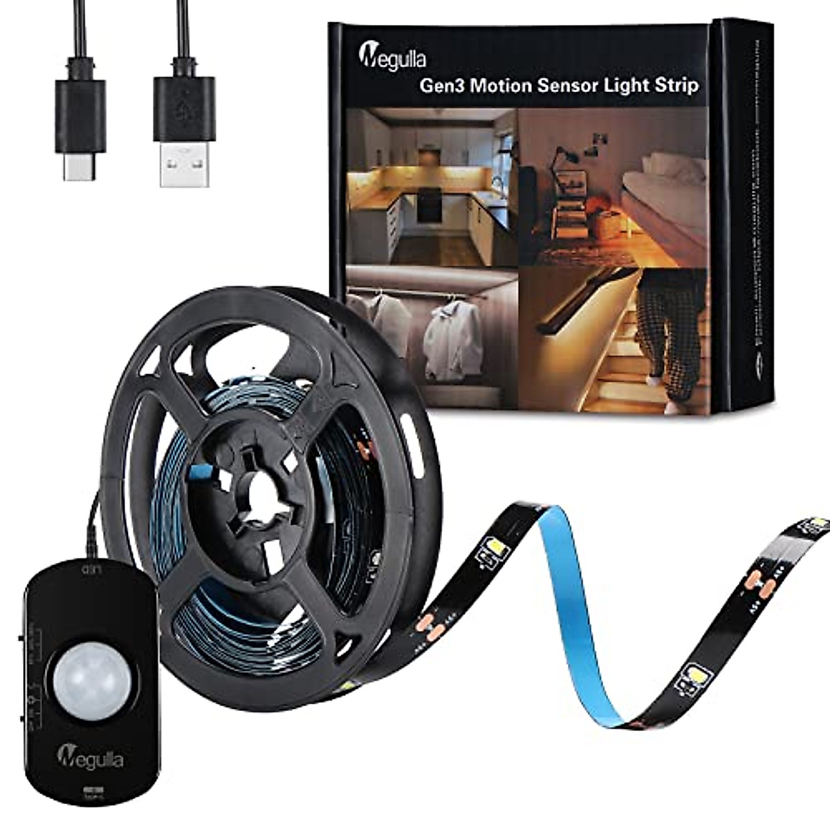 Megulla 3.5m/11.5ft Motion Sensor Gun Safe Lights, Gen3 Rechargeable Battery Motion Activated Black LED Strip with Timer and Dimmer for Dark Corners, Closets, Under Cabinets -Daylight White, 5000K