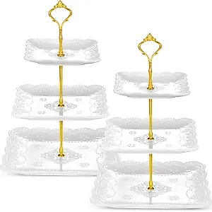 2 Pcs 3 Tier Porcelain Cupcake Stand, White Ceramic Tiered Stand, Afternoon Tea Stand, Pastry Serving Stand Elegant Dessert Cookie Stands for Wedding, Birthday, Tea Party (Lace Square Shape)