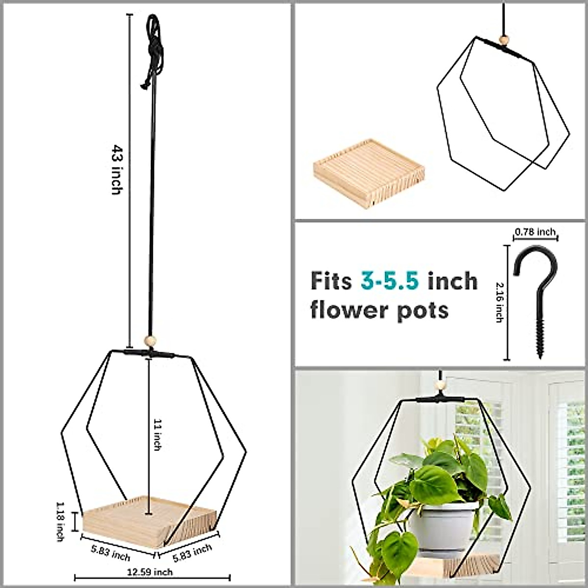 Kitypartsy Plant Hanger with Wood Base - Hanging Plant Holder, Hanging Planter/Pot for Indoor Plants Boho Macrame for Wall/Window/Room Decor, Black - Hexagon (Planter/Plants Not Included)