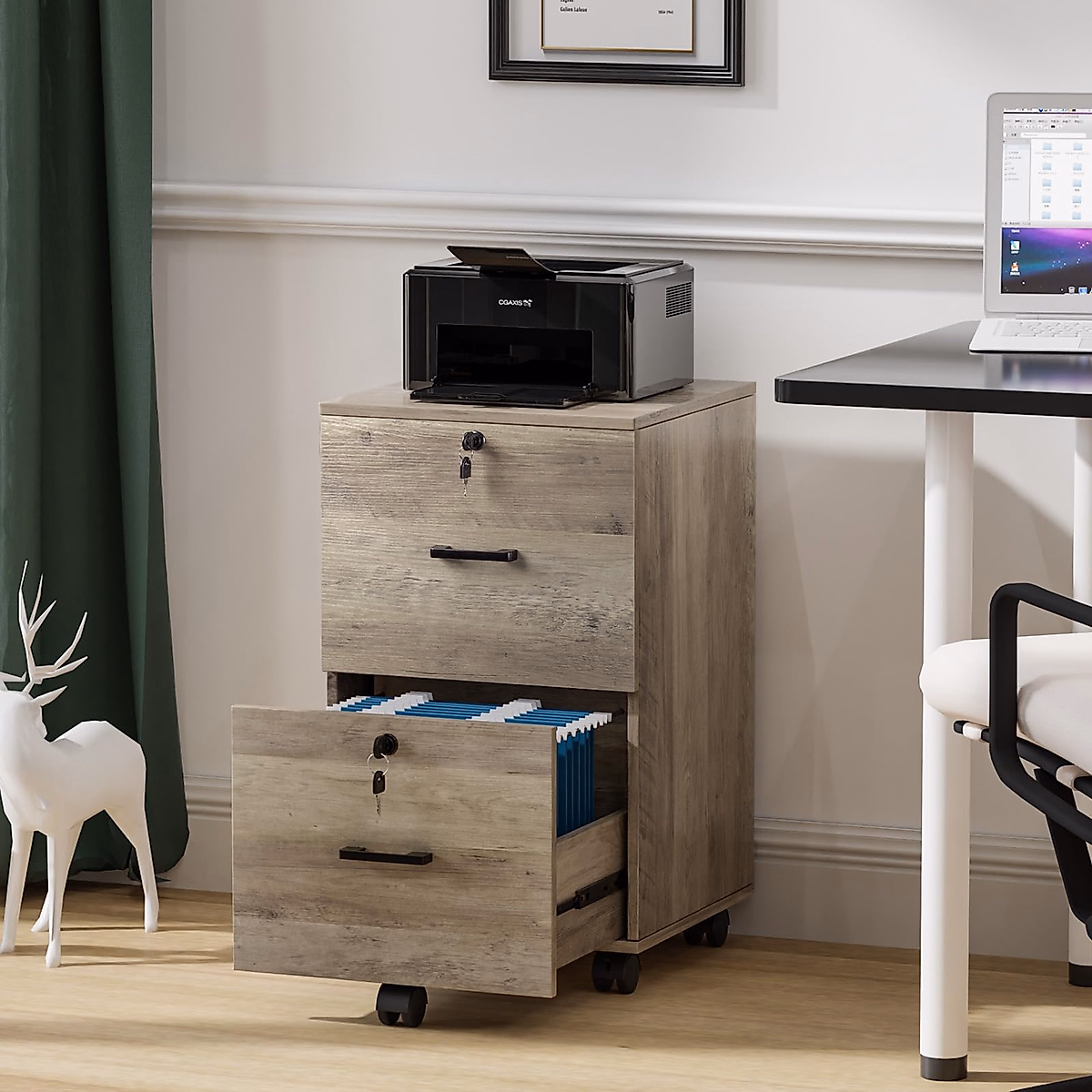 VINGLI 2 Drawer File Cabinet with Lock, Wood Rustic Gray File Cabinet for Letter Size File Folders with Tabs, Under Desk Rolling File Cabinets for Home Office, Mobile Filing Cabinet Printer Stand