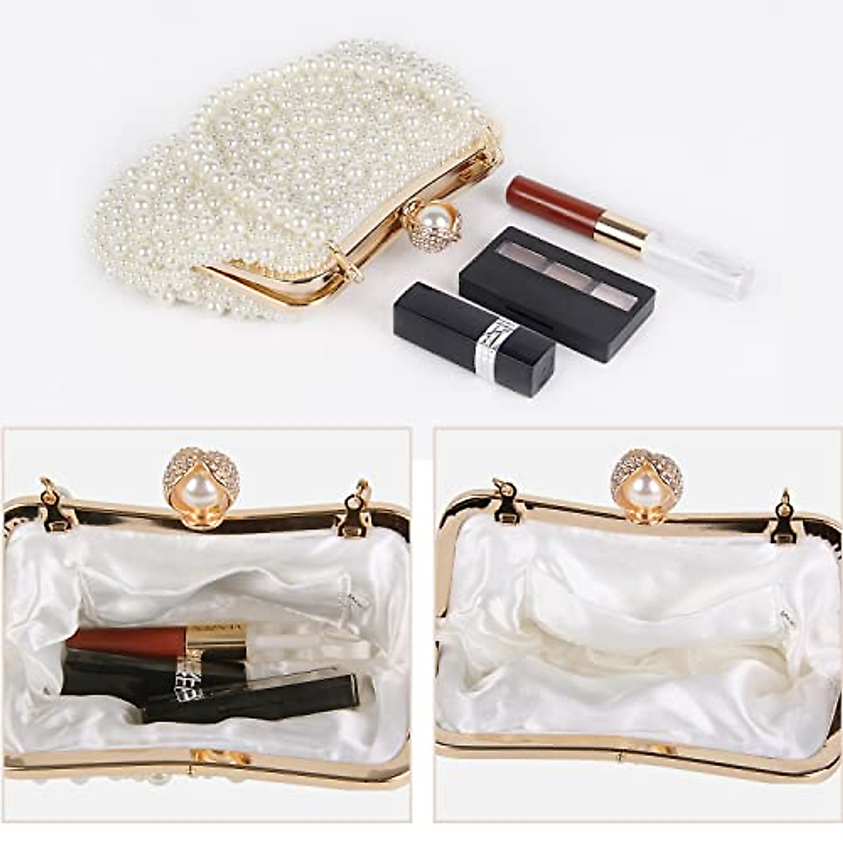 Fecialy Pearl Clutch Purses for Women Wedding Crystal Beaded Evening Handbags with Pearl Chain