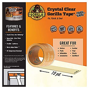 Gorilla Crystal Clear Repair Duct Tape Tough & Wide, 2.83" x 15 yd, Clear, (Pack of 1)