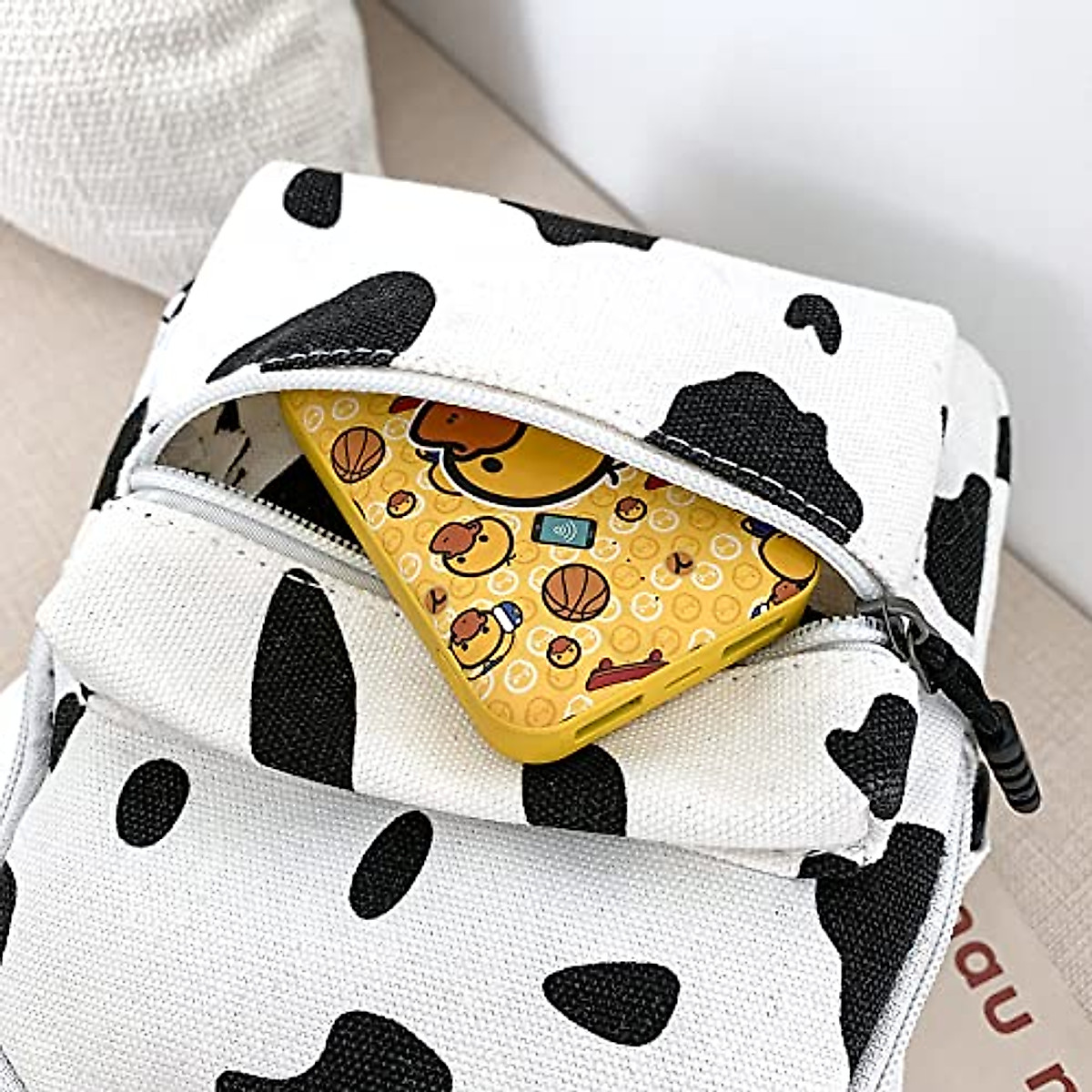 AIZHIYI Cow Print Backpack Women Canvas Schoolbag Teenage Girl Mini Bagpack (White)