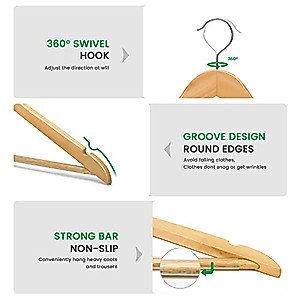 Nature Smile Wooden Suit Hangers 20 Pack Premium Solid Wood Coat Clothes Hangers with Non Slip Bar - Smooth Finish with 360° Swivel Hook and Smooth Notches for Camisole Jacket Pant Dress Natural Color