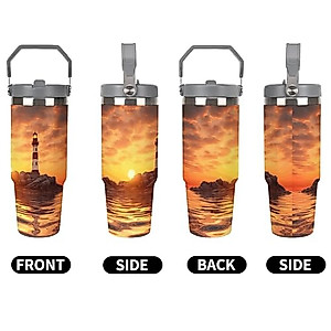 STVNKML 30 Oz Tumbler with Handle And Straw, Sea Lighthouse in Sunset Leakproof Stainless Steel Water Bottle for Hot & Cold Drinks 24 Hours, Car Cup Holder Friendly, Travel Mug for Home, Office, Gym