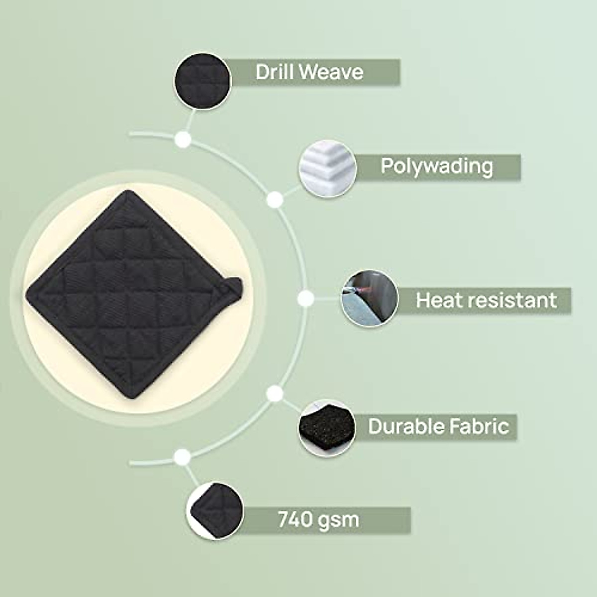 Mellow Buff Cotton Pot Holder Heat Resistant, Strong Grip Potholders for Hot Pans, 8 x 8 Inch with Loop | Pack of 3 | Black