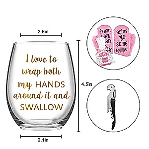 I Love Wrap Both My Hands Around It and Swallow It Stemless Wine Glass with Cupcake Wine Socks and Bottle Opener - Funny Wine Glass Gift for Women, Friends, Sisters, Girls, Wine Lover, Mom 15Oz