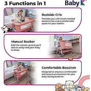 BABY K Baby Bassinet Bedside Sleeper (Pink) - 3 in 1 Bedside Bassinet Crib Attach To Bed - Convertible Bassinet With Breathable Attached Mesh Side and Mattress - Baby Co Sleeper For Bedside For Infant