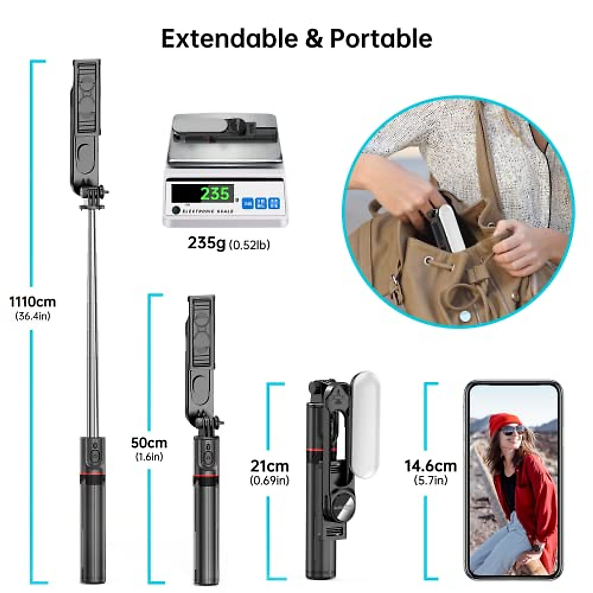 Stable Selfie Stick Tripod with Fill Light, 44 Inch Extendable Selfie Stick with Wireless Remote and Tripod Stand 360 Rotation for iPhone 13/12/11 Pro/XS Max/XS/XR/X/8/7, Samsung and Smartphone