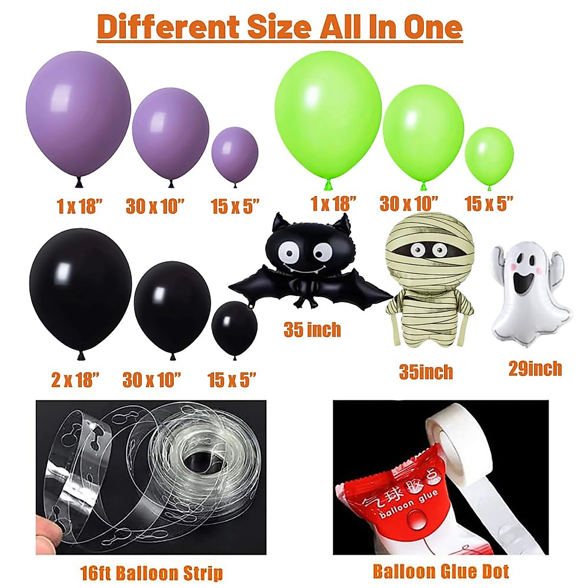 Beaumode Halloween Balloon arch with Mummy Bat Ghost Foil Balloons Black Purple Green Balloon 142pcs for Kids Spooky Ghost Party Birthday Baby Shower Decorations(Black Green Purple)
