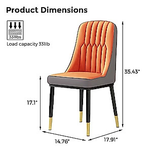 Odinlake PU Leather, Living Room Kitchen Dining Without Armrest, Modern Minimalist Coffee Shop Leisure Reception Chair with Metal Legs, Set of 2, Orange+Armless