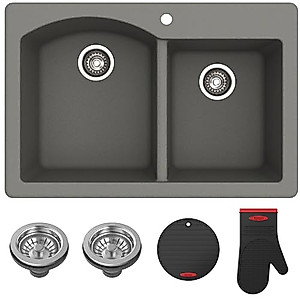 KRAUS Forteza 33-inch Drop In/Undermount 60/40 Double Bowl Granite Kitchen Sink in Grey, KGD-50GREY