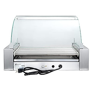 Restaurantware Hi Tek Hot Dog Spinner 1 Curved Glass Sneeze Guard Hot Dog Cooker - Dual Temperature Controls Removable Drip Tray Stainless Steel Hot Dog Roller No-Slip Feet Fits 24 Hot Dogs