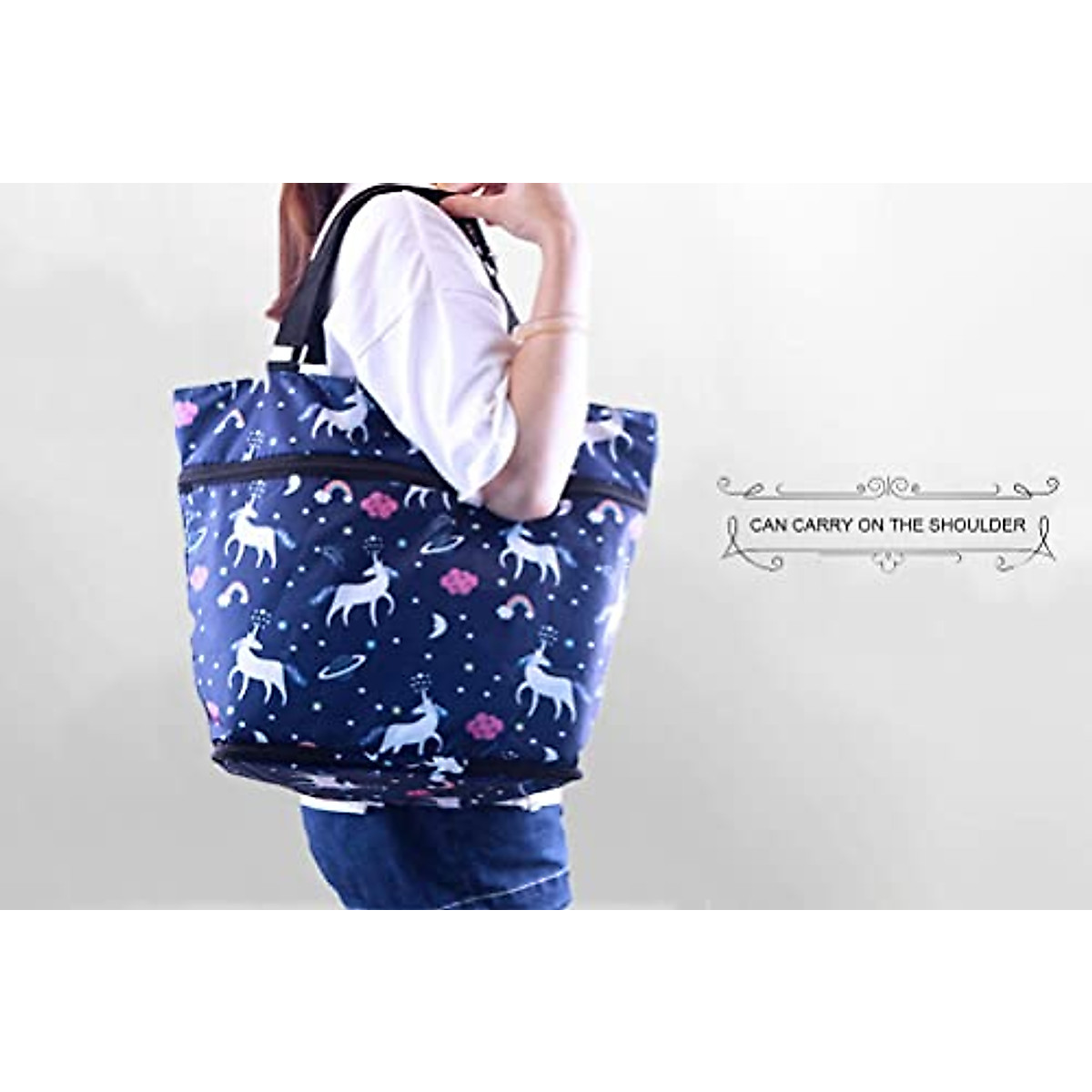 Upgrade Shopping Bag with Wheels Portable Trolley Bags Grocery Cart Hand Pulling Utility with Hand Straps Folding Shopping Cart- Larger Size & Waterproof & Strong(B0B8Y31PS5)