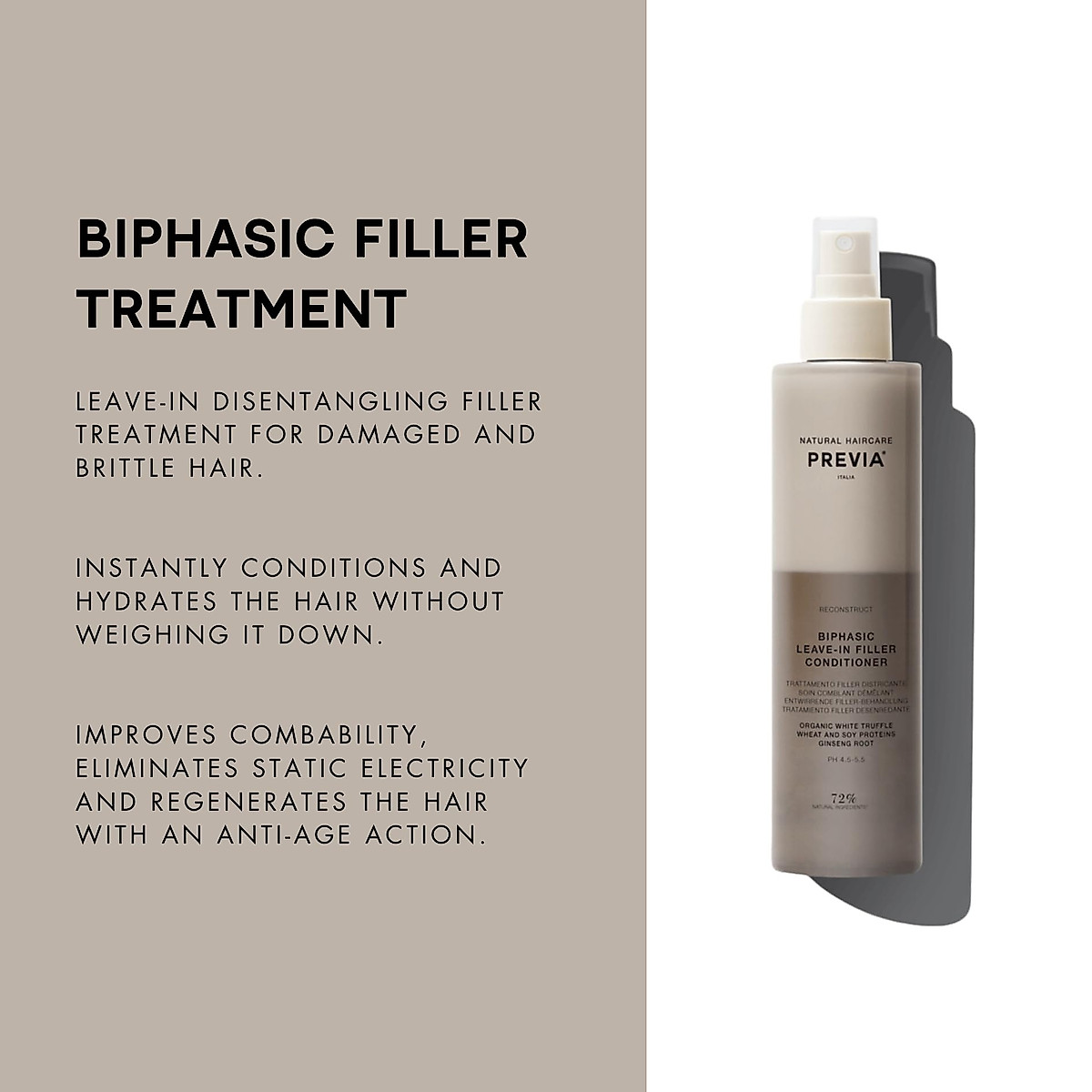 PREVIA Hydrating Leave-in Conditioner Spray with White Truffle Extract - Reconstructive Biphasic Detangling Treatment for Damaged, Dry, and Brittle Hair - Tames Frizz & Controls Static 6.7Floz