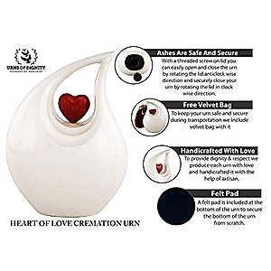 Cremation Urn Heart of Love Urn for Human Ashes – Cremation Urn for Funeral, Columbarium or Home, Cremation Urns for Human Ashes.220cubic inch- with Velvet Bag. (White Red Heart Large)