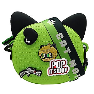 Miraculous Ladybug - Pop n' Swop Cat Noir Green Crossbody Bag with 4 Clip-on Badges, Cat Paw Zipper, Adjustable and Detachable Strap, Removable Ears, Lightweight Durable Waterproof Purse (Wyncor)