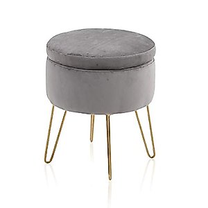 ALPHA HOME Round Storage Ottoman with Removable Lid Tufted Vanity Dressing Chair Velvet Fabric Shoe Change Footrest Stool Side Table Seat Tray Top Coffee Table with Golden Chromed Metal Legs,Grey