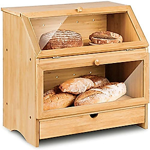 HOMEKOKO Large Bamboo Two-layer Bread Box With Drawer, Double Layers Large Bread Box for Kitchen Counter, Wooden Large Capacity Bamboo Bread Food Storage Bin (NATURAL)