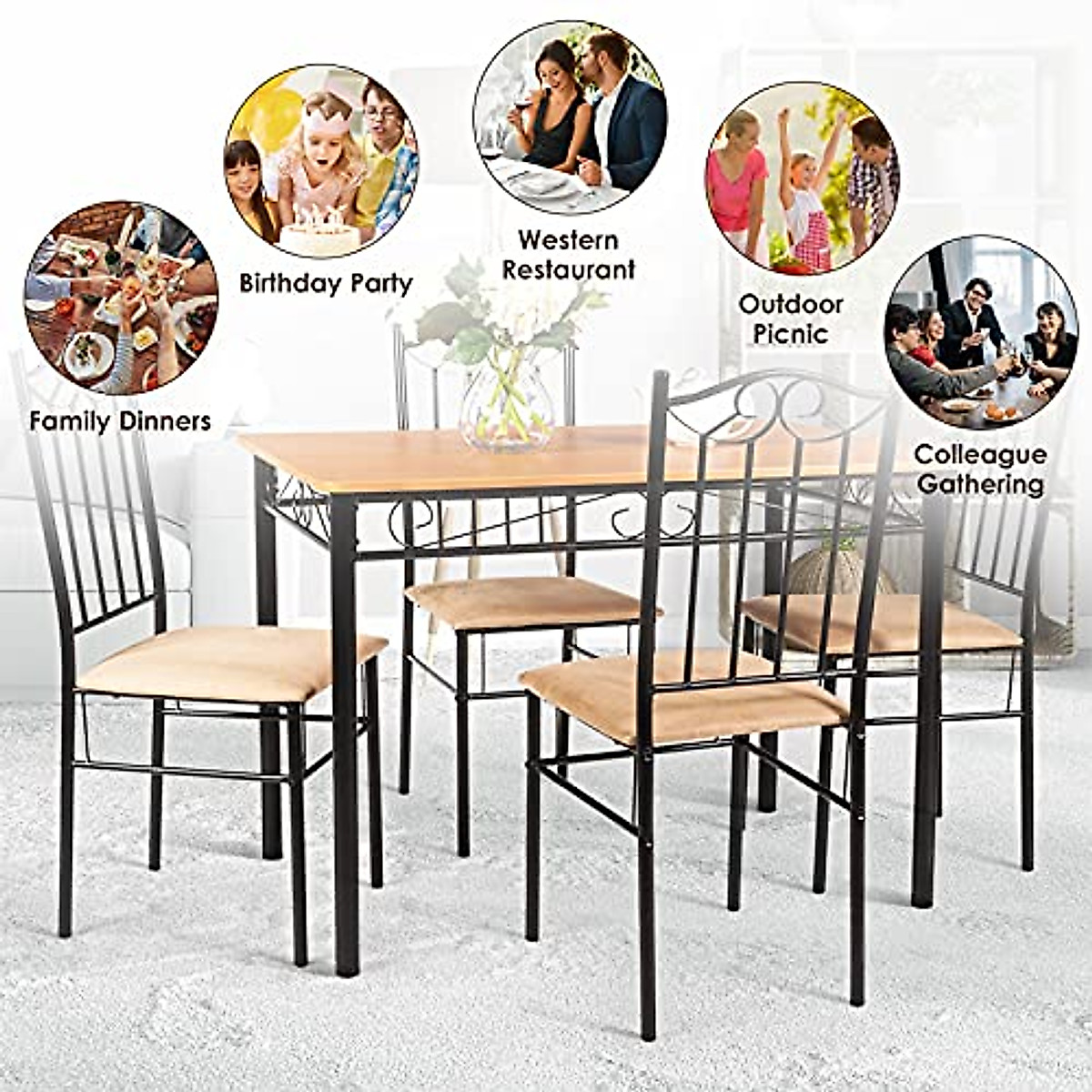 S AFSTAR Safstar 5-Piece Dining Table Set, Kitchen Vintage Table and Padded Chairs Set with Wood Tabletop & Metal Frame, Dining Room Table Set for 4, Ideal for Home Restaurant Kitchen Café