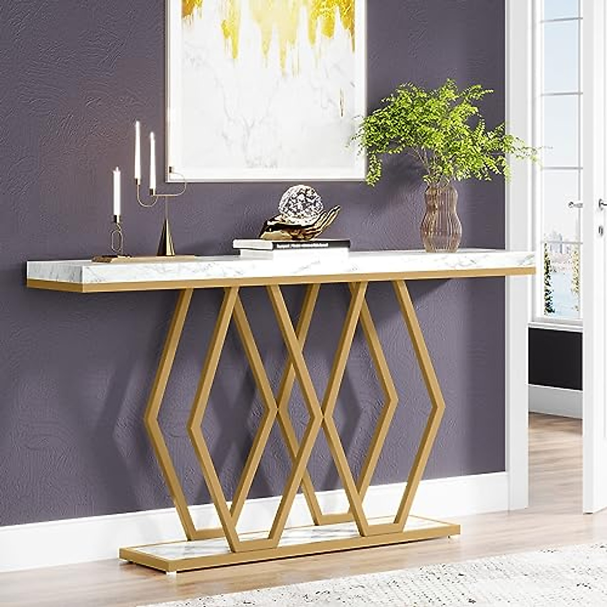 Tribesigns Console Table for Entryway Living Room, 55 Inch Gold Entryway Table Modern Accent Table for Hallway Entrance Foyer (Gold White)