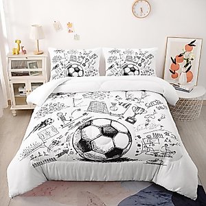 Nttopship Soccer Bedding Comforter Set Queen Size for Kids Teens and Adults Football Printed Quilt Set for Bedroom Soft Microfiber All Season Print Quilt Set with 1 Comforter and 2 Pillowcases