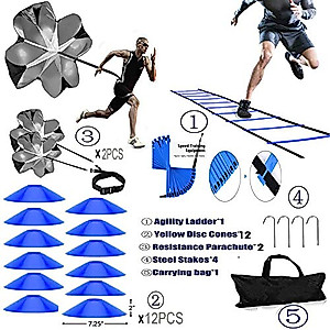 XINXIANG Agility Ladder Speed Training Equipment Set - 20ft Agility Ladder, 12 Soccer Cones, Running Parachute, 4 Metal Stakes and Carrying Bag, Kids Youth Soccer Training Equipment - Blue