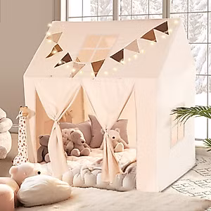 Kids Tent with Mat, Lights and Flags, Play Tent Indoor, Playhouse for Kids Outdoor, Kids Play Tent with Windows and Roll Up Door, 52" x35" x 52", Baby Play Tent for Both Boys and Girls