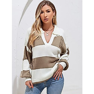 ZAFUL Women 2023 Striped V Neck Long Sleeve Sweater Fall Lapel Collar Ribbed Knit Loose Pullover Sweater Jumper Top Brown