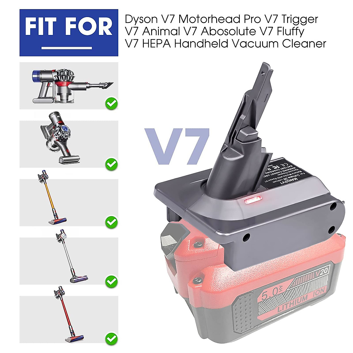 V7 Adapter for Craftsman 20V Battery Work for Dyson V7 Compatible with SV11 V7 Motorhead V7 Animal V7 Trigger V7 HEPA V7 Car+Boat V7 Absolute Handheld Vacuum Cleaners