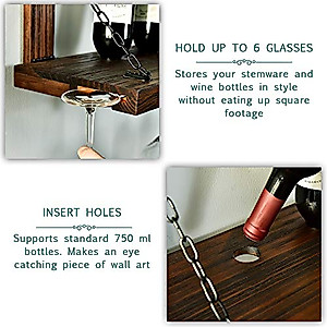 Wall Mounted Wine Rack with Glass Holder, Floating Wine Shelf for Kitchen, Rustic Pine Wood