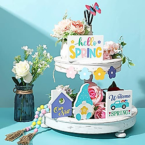 10 Pieces Easter Tiered Tray Decoration Hello Spring Tiered Tray Decor Farmhouse Wood Decor Fresh Flower Market Home Gnome 3D Sign Seasonal Bloom Butterfly Kitchen Wooden Ornament (Flower Style)