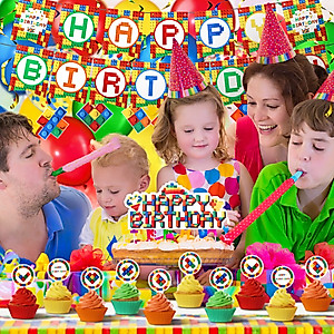 Spiareal 78 Pcs Building Block Birthday Party Supplies Birthday Party Decor Include Happy Birthday Banner, Building Block Swirls, Table Cover, Cake Toppers, Cupcake Toppers, Balloons for Kids Kids