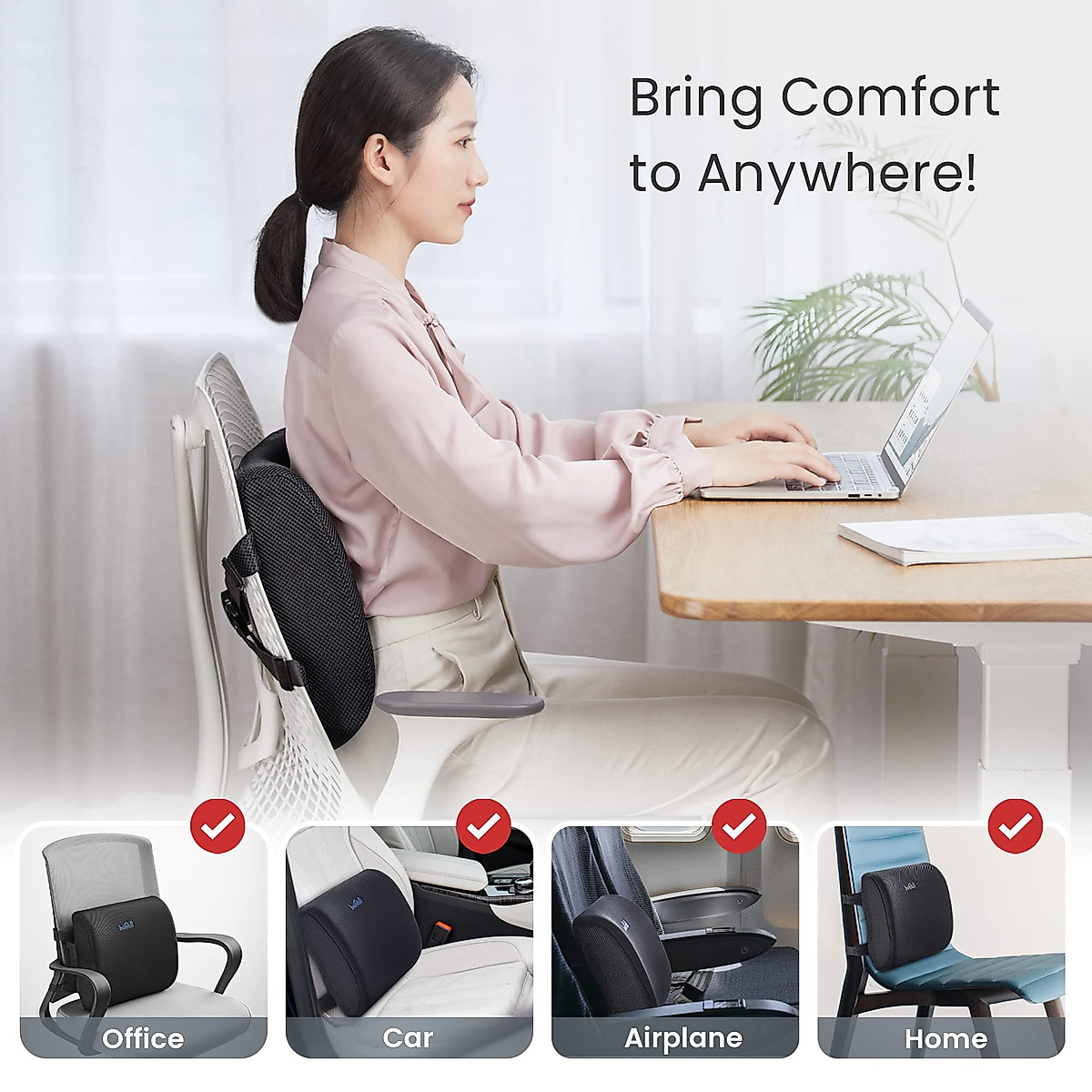 Lumbar Support Pillow for Office Chair - Improve Back Pain, Posture While Sitting - Memory Foam Cushion with Adjustable Strap for Desk/Gaming Chair, Car, Couch, Recliner