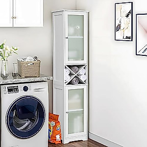 Iwell Tall Bathroom Storage Cabinet with 2 Doors & Adjustable Shelves, Bathroom Floor Cabinet with Removable X-Shaped Stand, Linen Cabinet, Narrow Cabinet for Bathroom, Living Room, White
