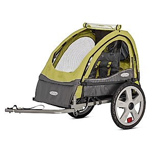 Instep Sync Single Seat Bike Child Trailer, Max Weight 40 lbs., 5-Point Harness, Folding Frame, Quick Release Wheels, Easy Storage, Bug Screen & Weather Shield, Green/Grey